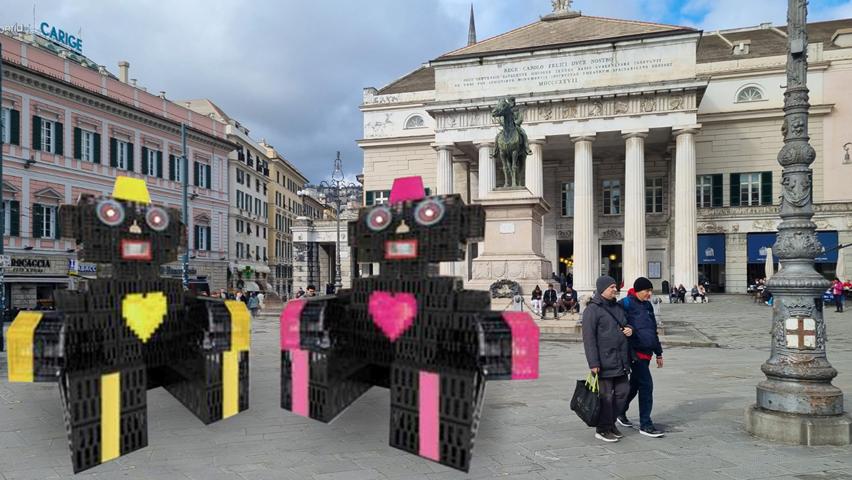 Due grandi robot giocattolo alti tre metri e mezzo arrivano in largo ...